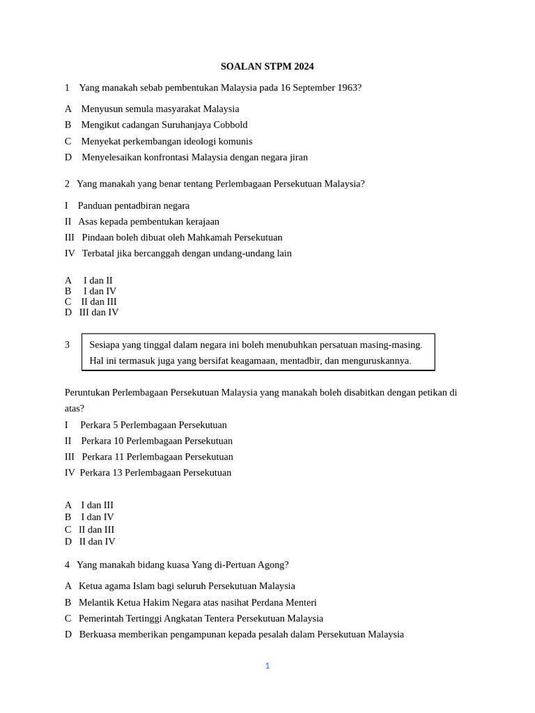Soalan Objektif STPM 2024 Sem 1 | PDF
