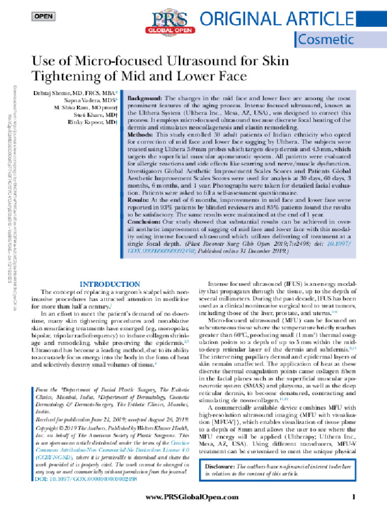 Use of Micro-focused Ultrasound for Skin Tightning | PDF