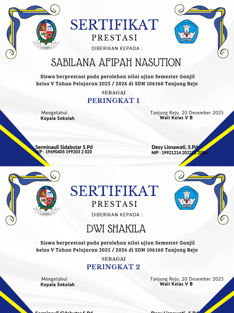 Sertifikat Prestasi Siswa SDN 106160 | PDF