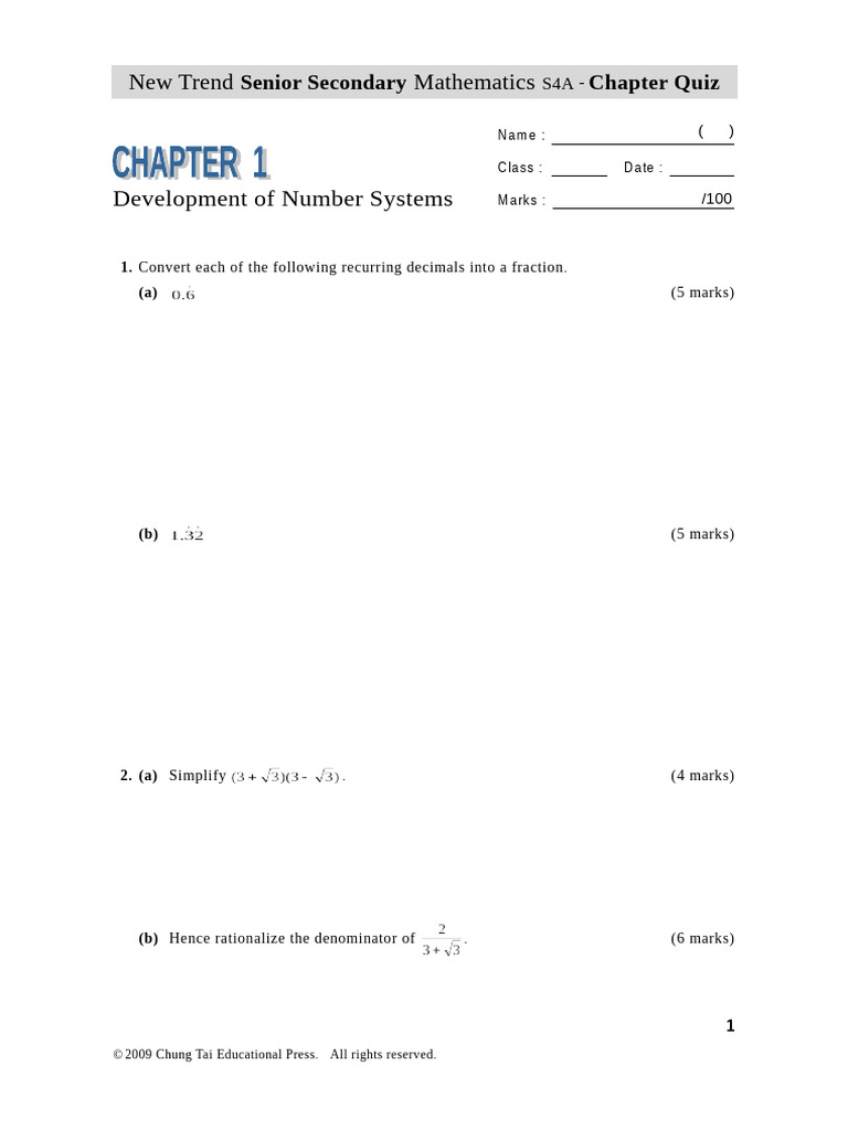 New Trend Mathematics: Senior Secondary Chapter Quiz | PDF | Numbers ...