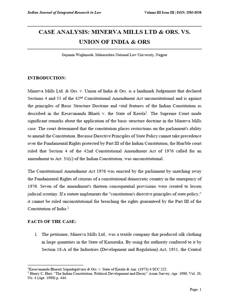 Case Analysis Minerva Mills Ltd Ors. vs Union of India Ors | PDF | Civil Law (Common Law ...