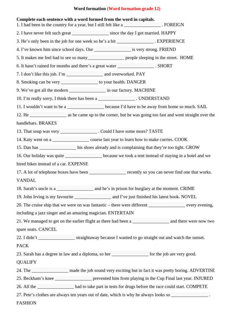 Word Formation Exercises for Grade 12 | PDF