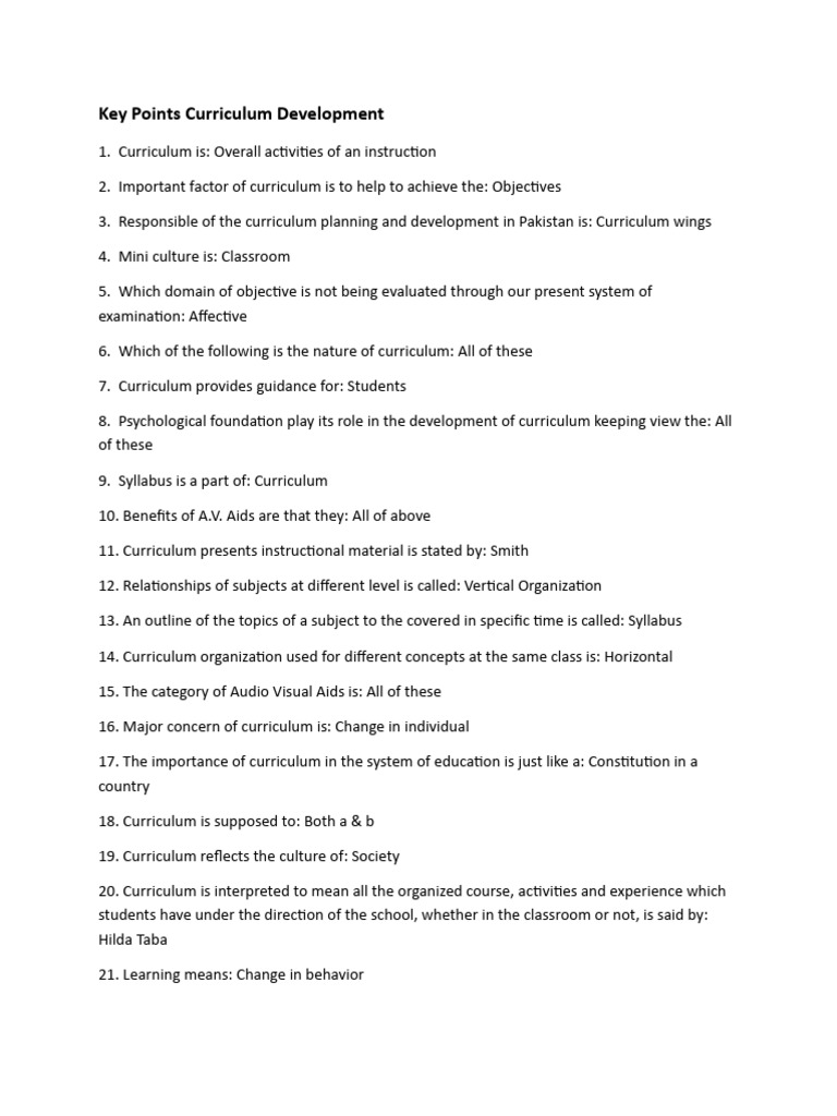 Key Points in Curriculum Development | PDF | Curriculum | Learning