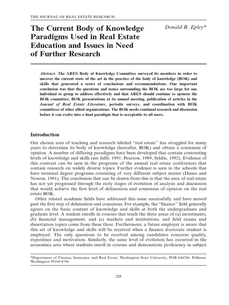 Real Estate Education: Current Knowledge Gaps | PDF