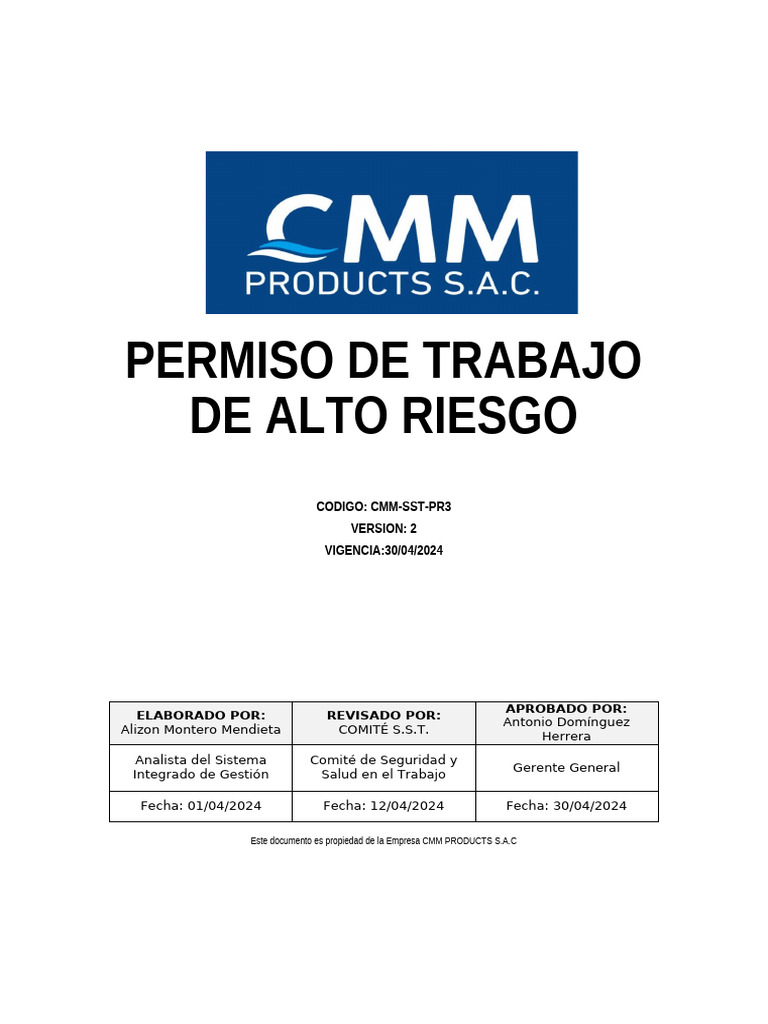 CMM-SST-PR3 Permiso de Trabajo de Alto Riesgo | PDF