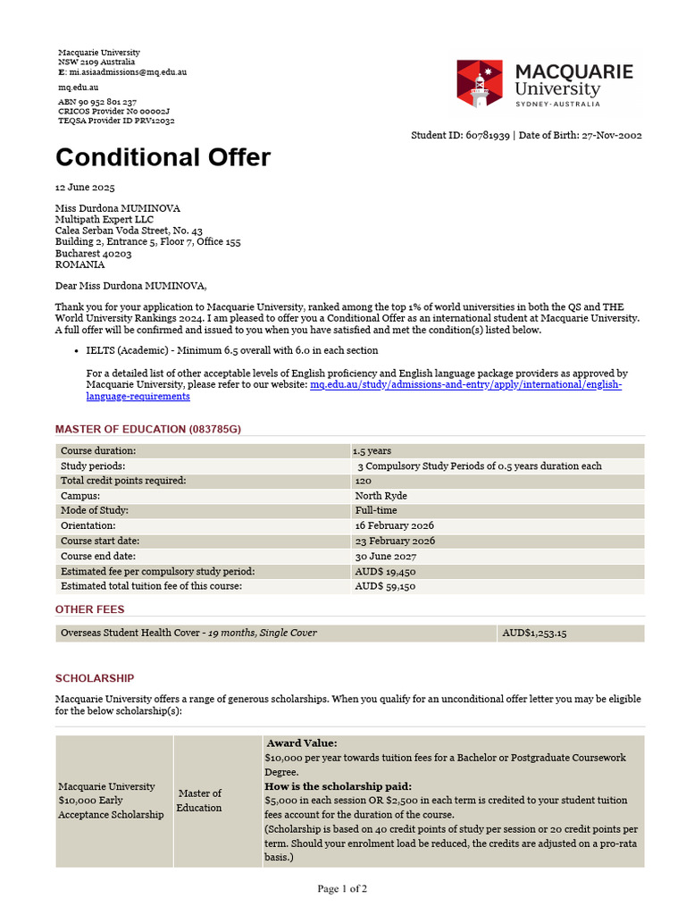Conditional Offer for Master of Education | PDF | Postgraduate ...
