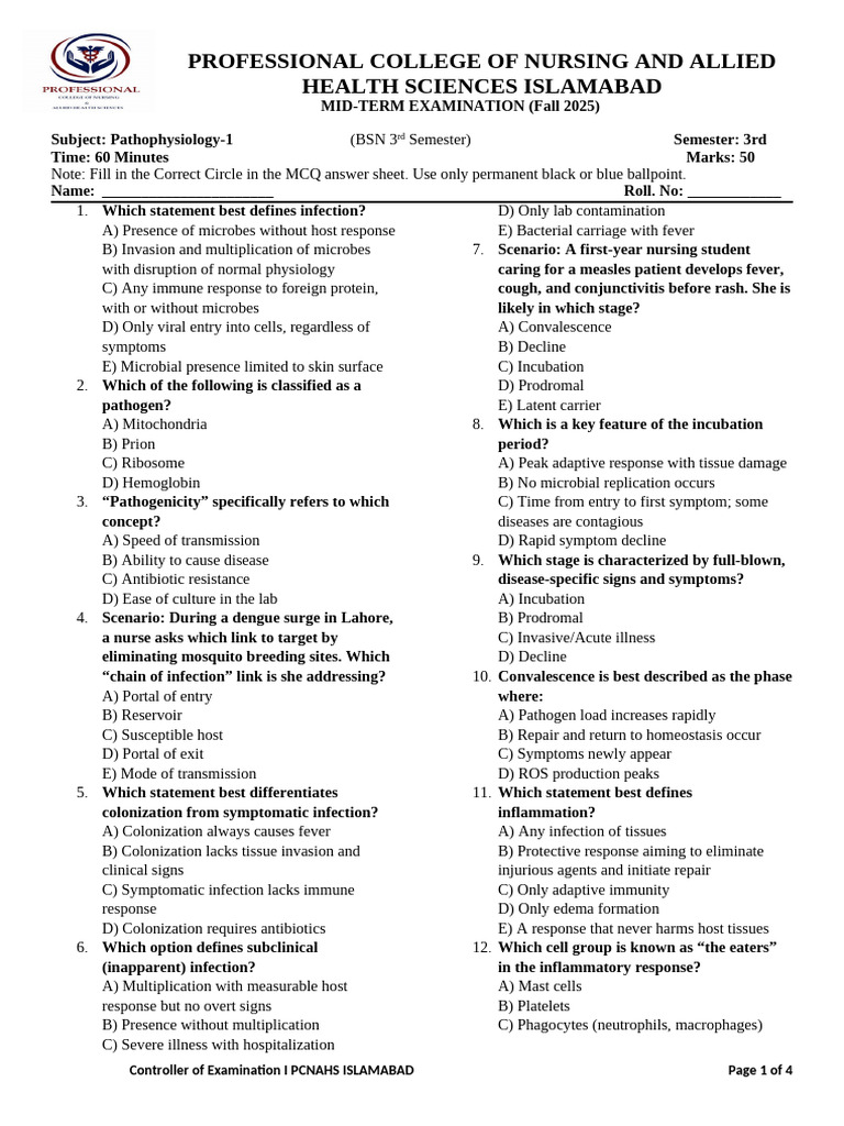 BSN Mid Paper For Pathophysiology-1 | PDF | Inflammation | Infection