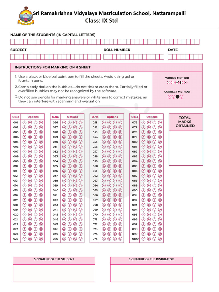 Ix STD 100 Omr Sheet | PDF