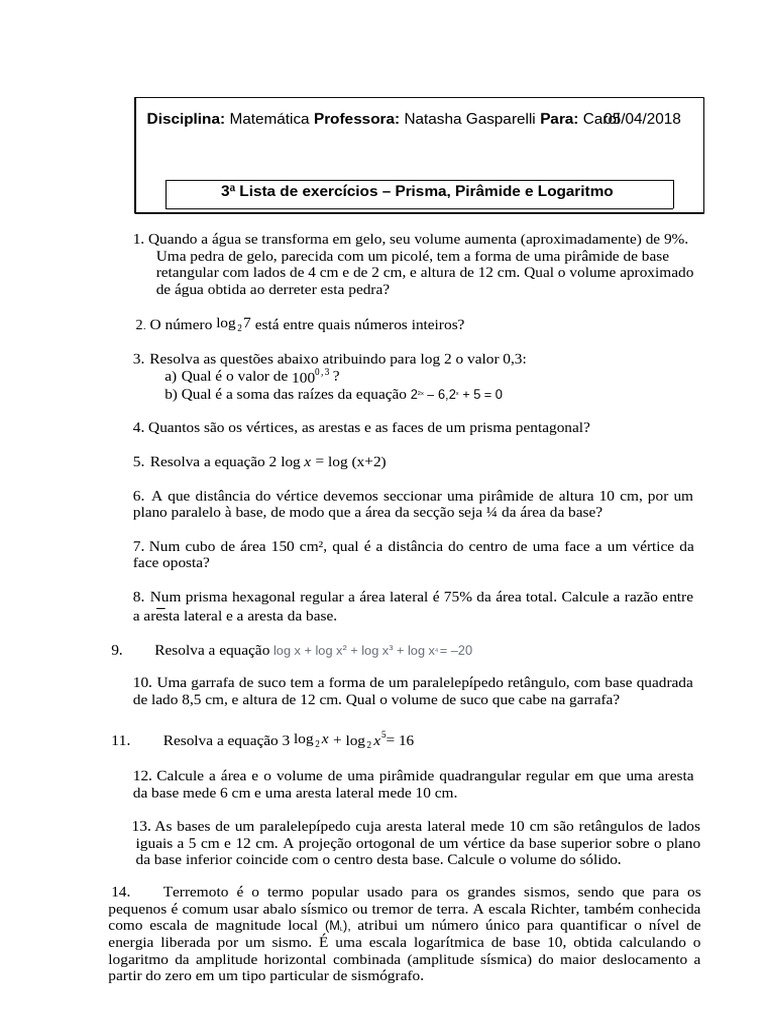 Exercícios de Matemática: Prisma e Logaritmo | PDF | Terremotos