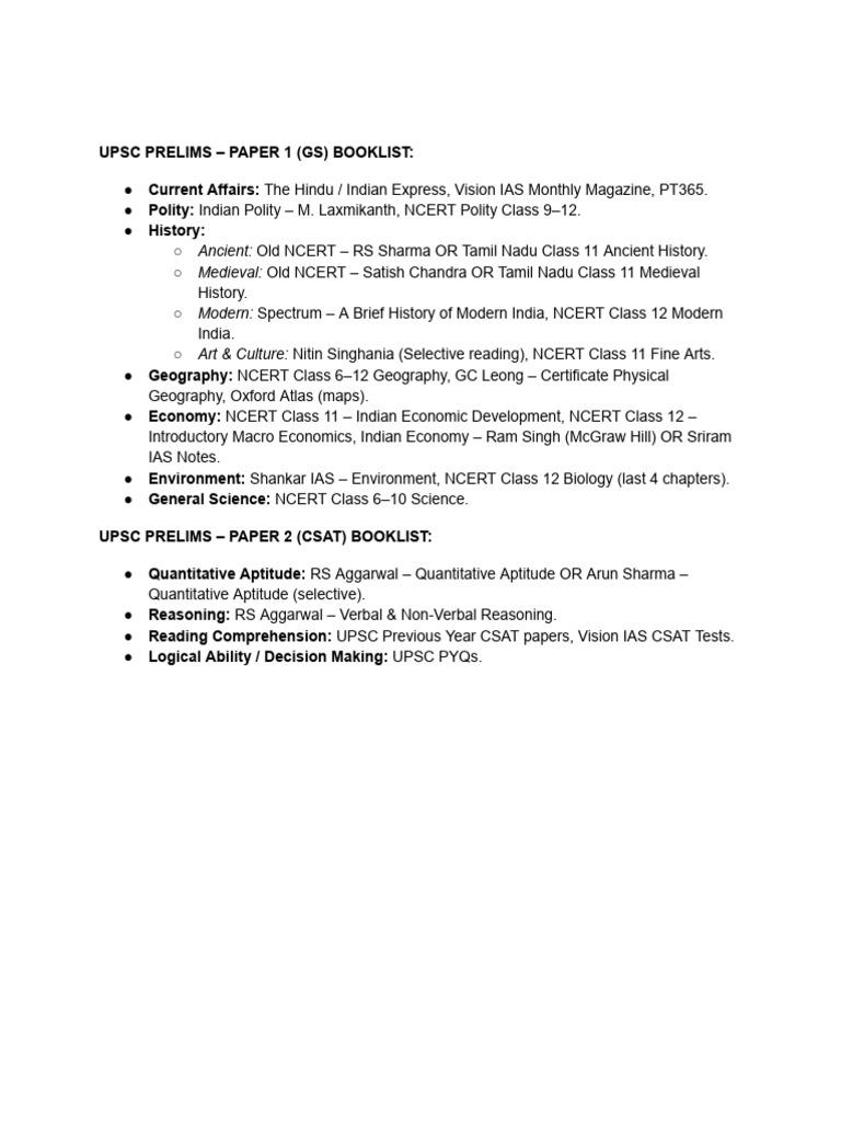 UPSC Prelims Booklist for GS & CSAT | PDF