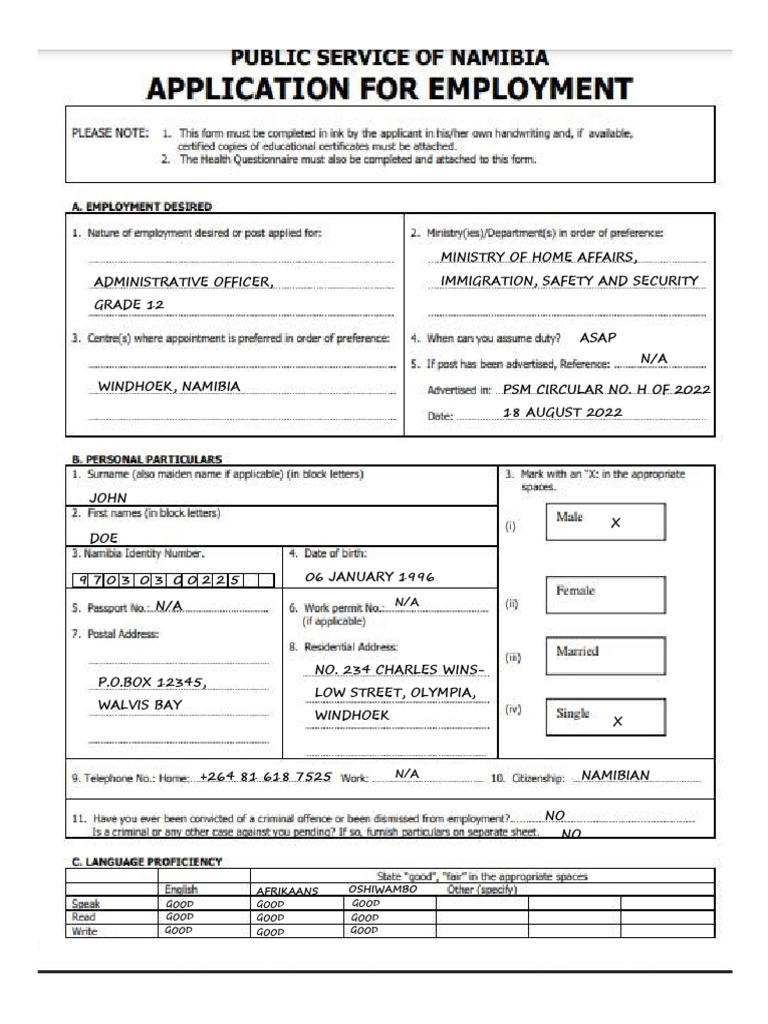 Namibia Immigration Officer Application | PDF | Namibia