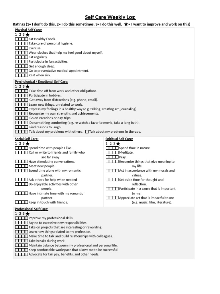 Self-Care Weekly Log Fillable | PDF | Feeling | Meditation