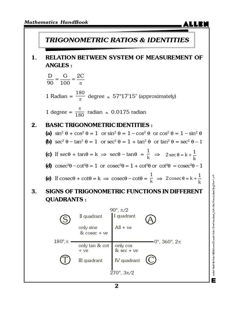 Trigonometric Ratios and Identities Guide | PDF | Trigonometric ...