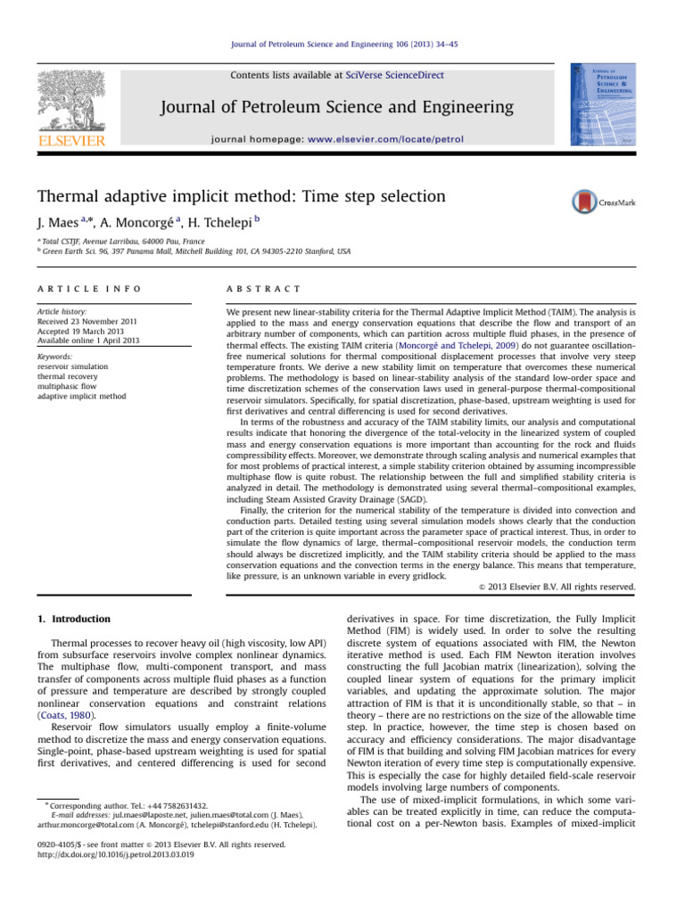 Thermal Adaptive Implicit Method Time 2013 Journal of Petroleum Science ...