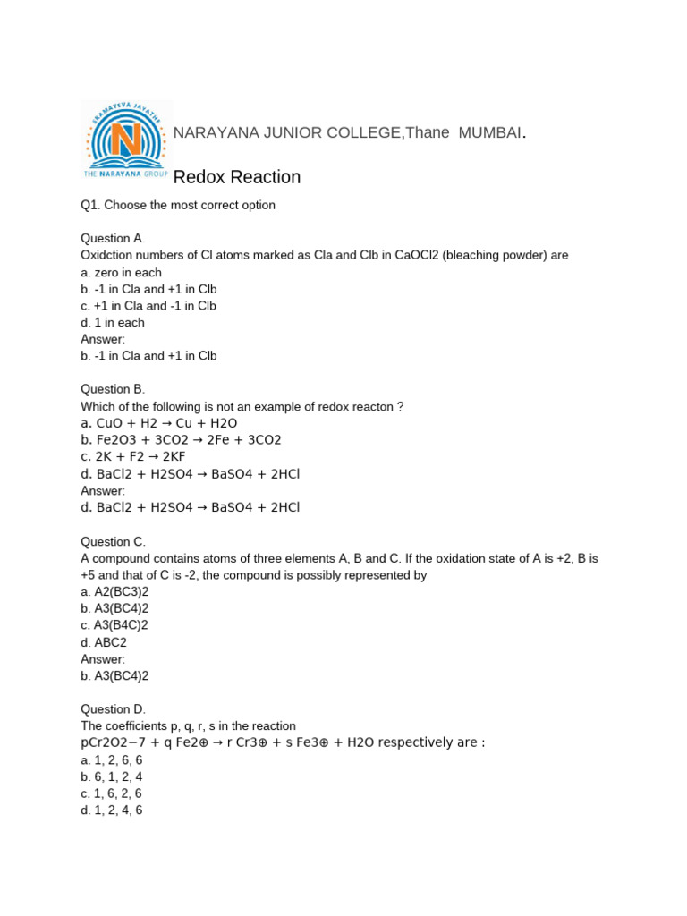 Redox Reactions: Concepts and Examples | PDF | Redox | Chemical Reactions