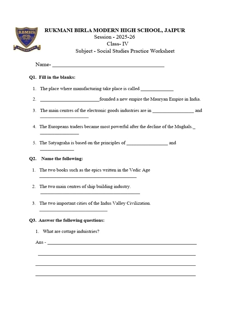 Practice Worksheet Sst Class 4 2025-26 | PDF