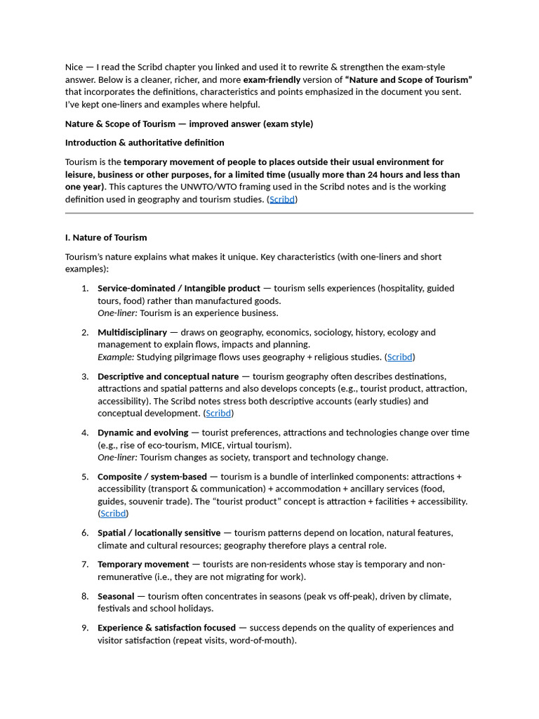 Nature and Scope of Tourism Explained | PDF | Tourism | Geography