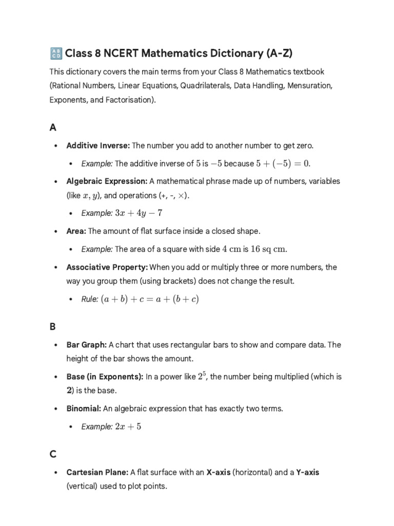 Class 8 Math Terms A-Z Dictionary | PDF | Equations | Elementary ...