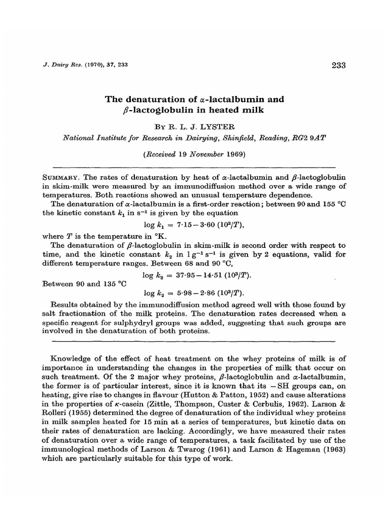 Heat Denaturation of Milk Proteins | PDF | Denaturation (Biochemistry ...