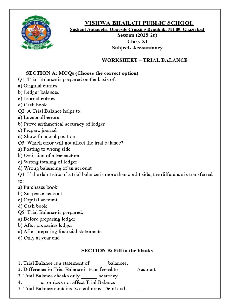 Trial Balance Worksheet for Class XI | PDF | Debits And Credits ...