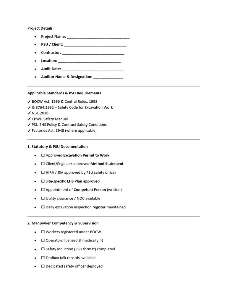 Excavation Safety Audit Checklist | PDF | Trench | Safety