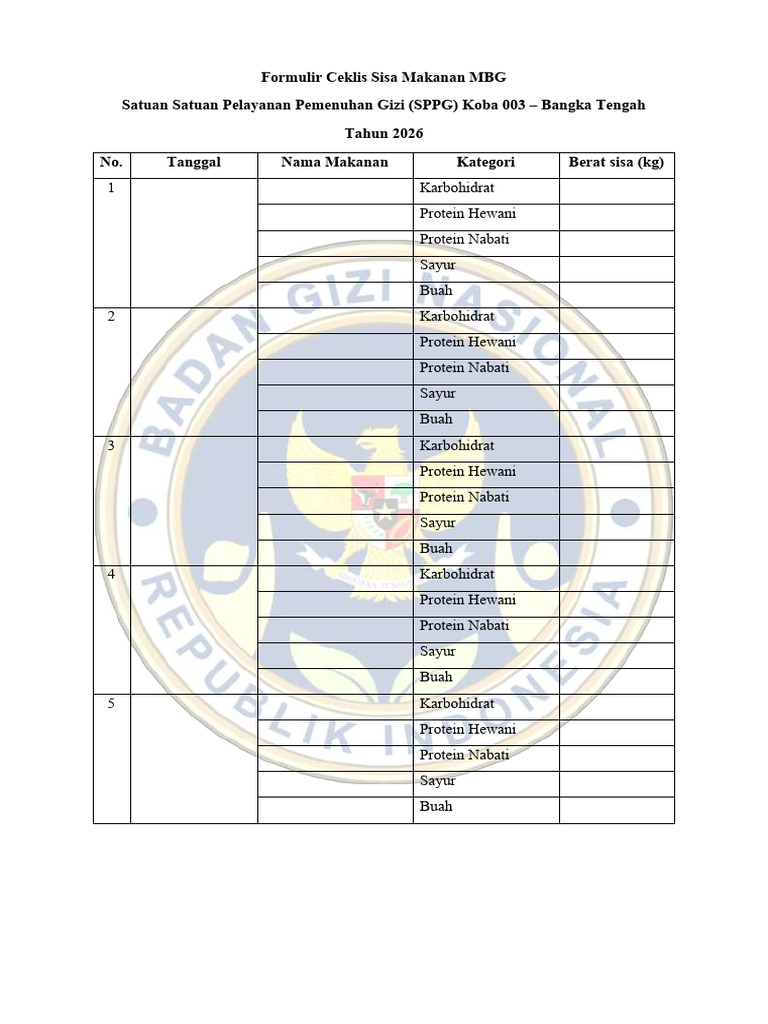 Form Sisa Makanan Koba 003 Bangka Tengah | PDF