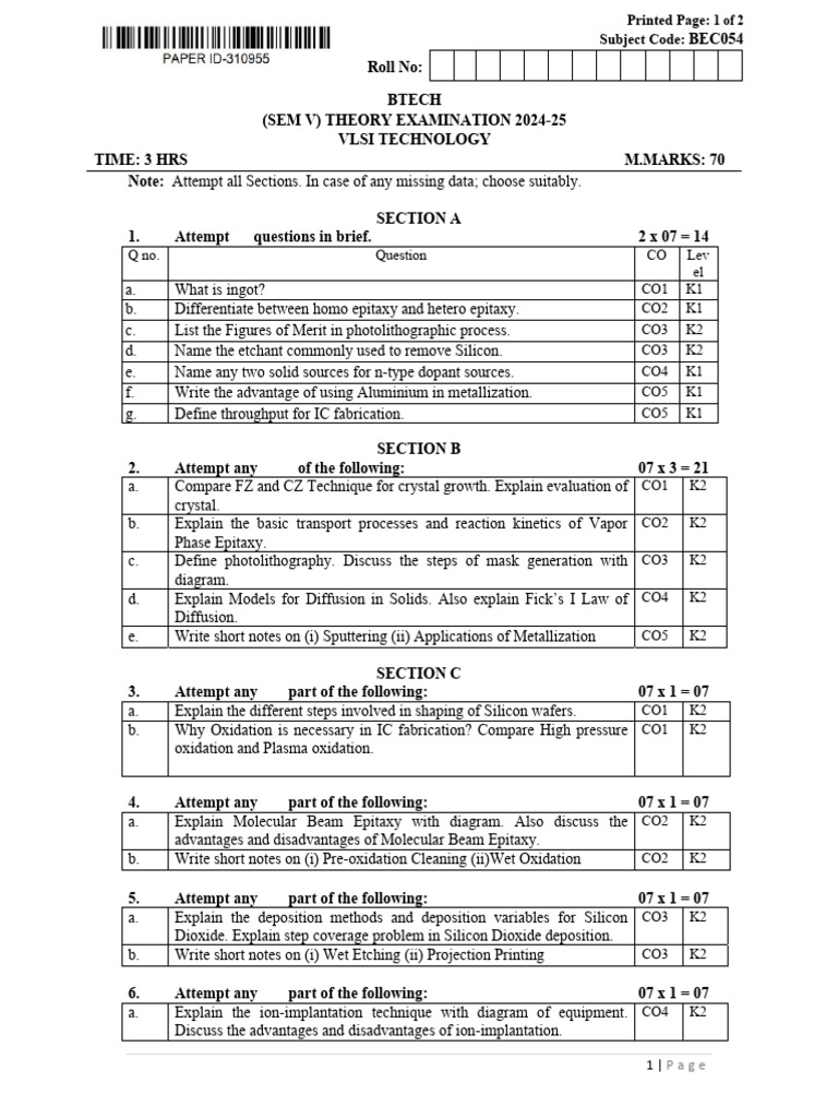 VLSI Technology Exam Paper 2024-25 | PDF | Semiconductor Device ...