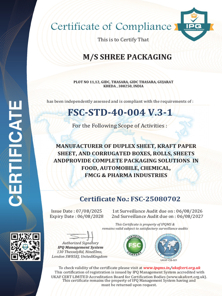 FSC Compliance Certificate for Shree Packaging | PDF