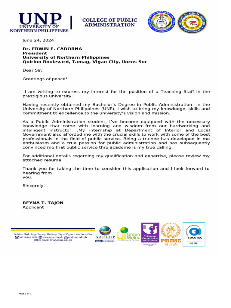 Application Letter - SDS | PDF