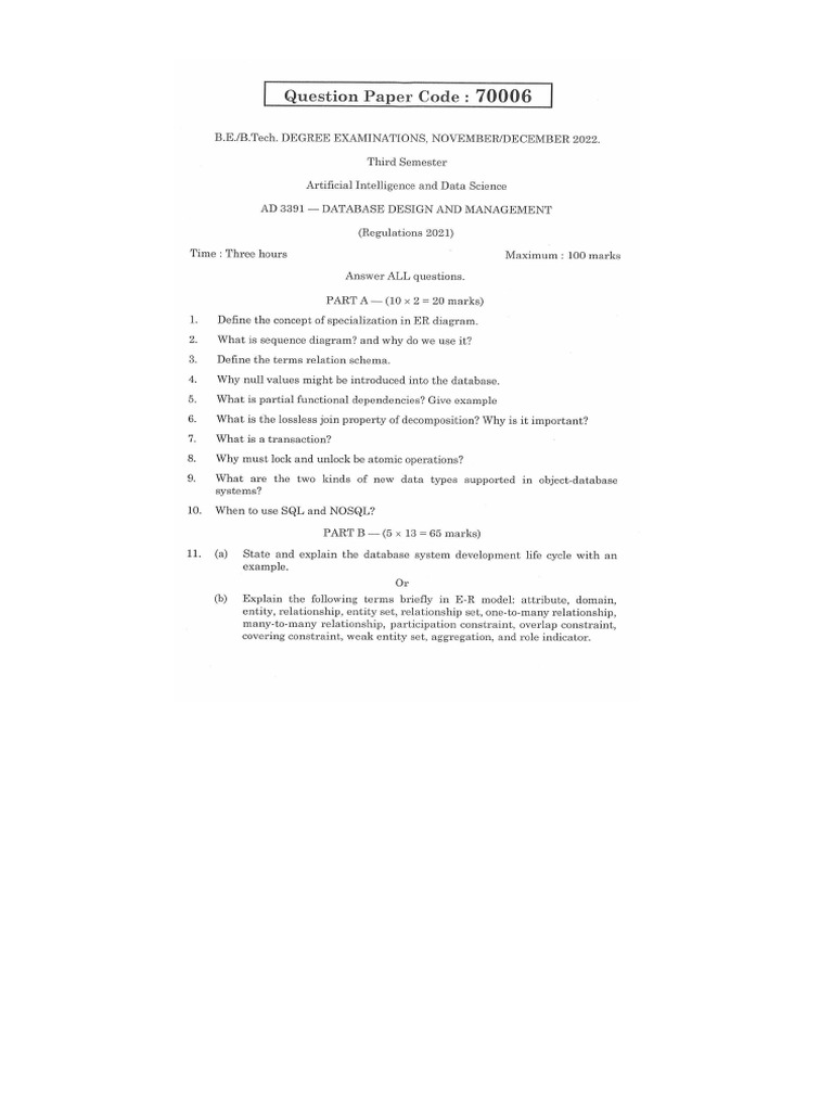 Database Design and Management - AD3391 2021 Regulation - Question ...