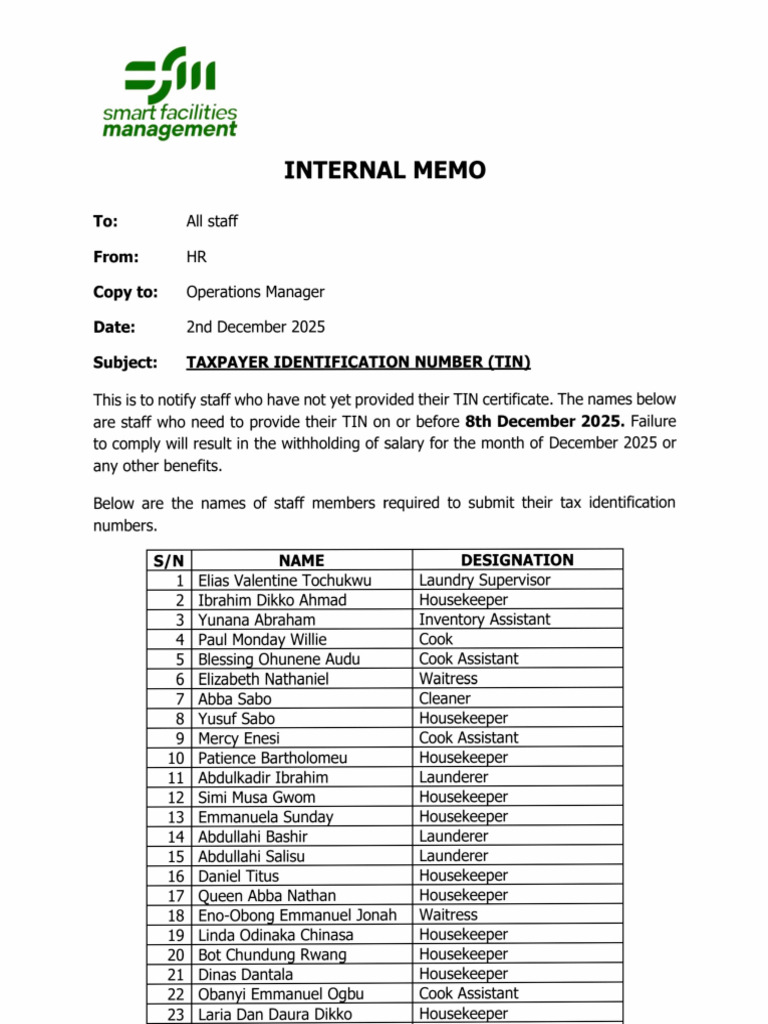 Memo - To All Staff Tax | PDF