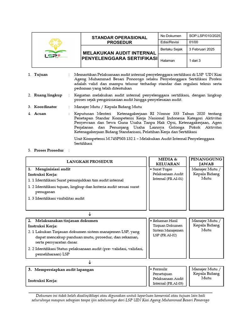 Audit Internal Sertifikasi LSP UIN 2025 | PDF