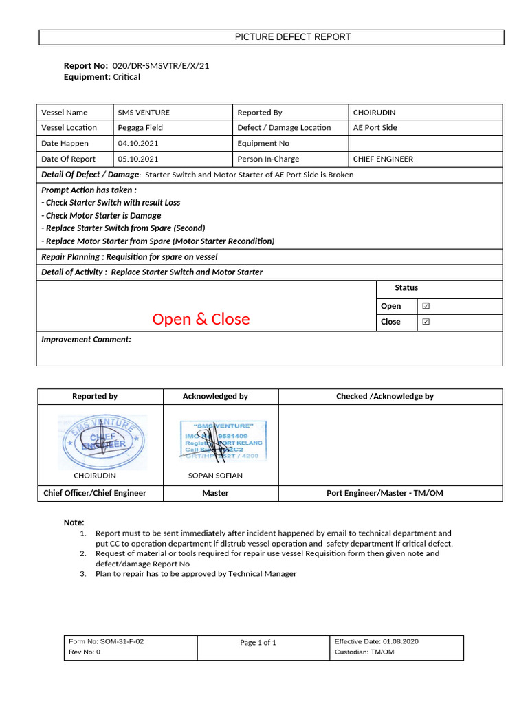 Defect Report Starter Switch and Motor Starter Is Broken (Open&Close) | PDF