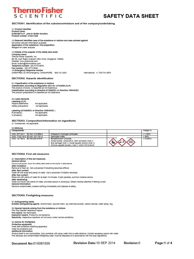 pH 4.01 Buffer Solution Safety Data Sheet | PDF | Chemistry ...