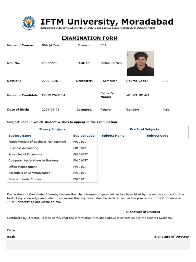 IFTM University BBA Exam Form 2025-26 | PDF
