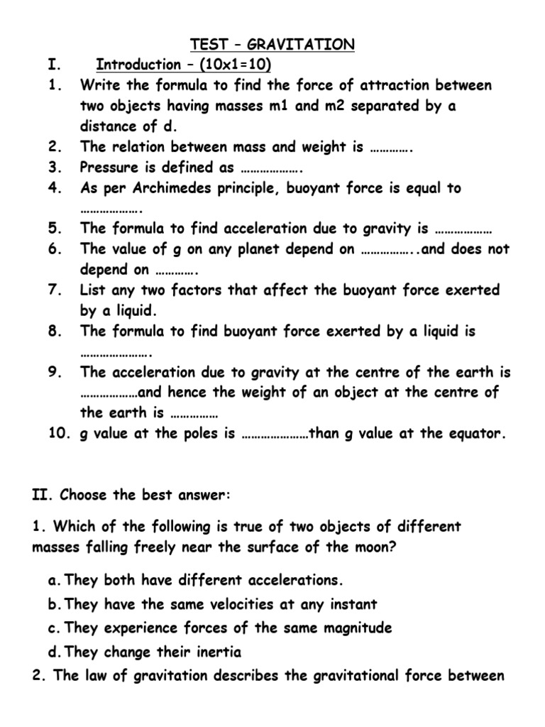 Test - Gravitation - Full - 35 Marks | PDF | Force | Weight
