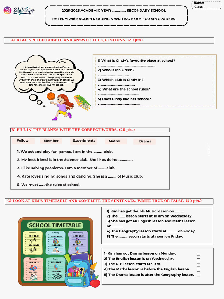 5th Grade English Exam Practice | PDF