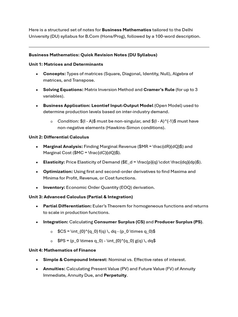 Here Is A Structured Set of Notes For Business Mathematics Tailored To ...