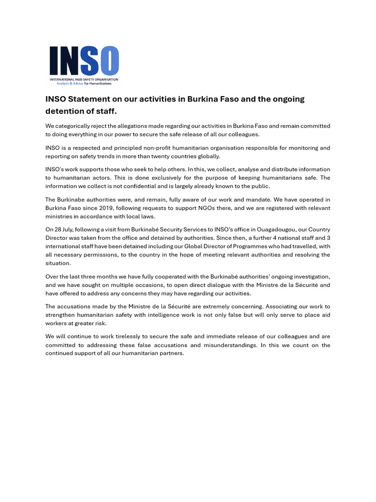 INSO Statement on Our Activities in Burkina Faso and the Ongoing ...