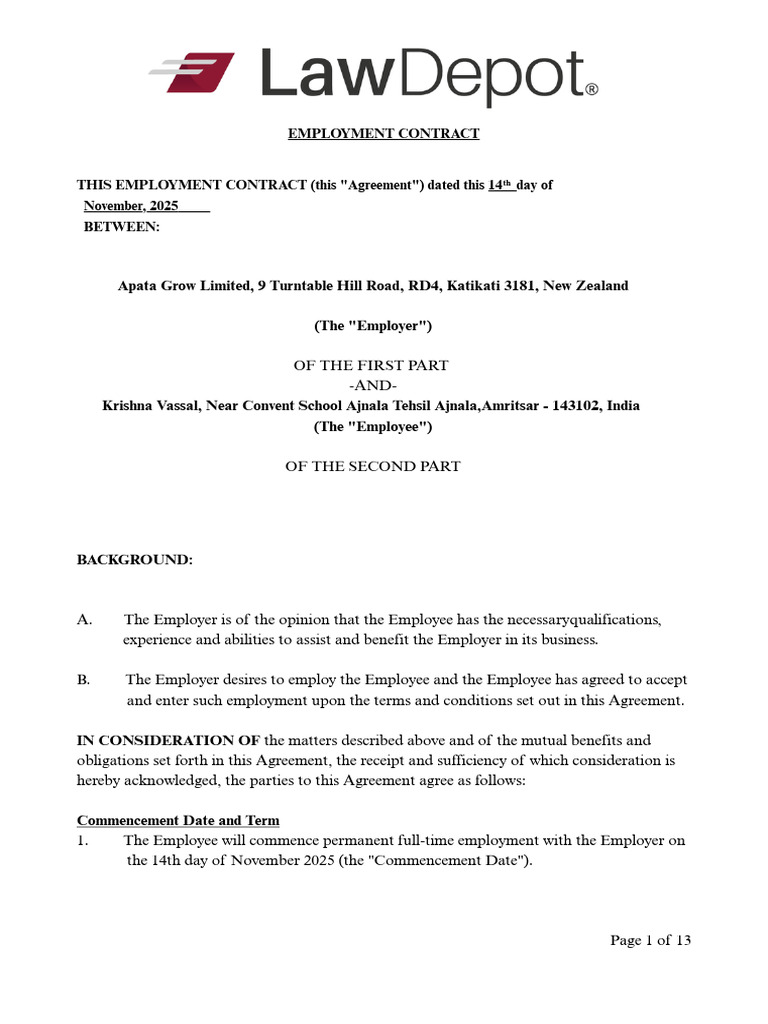Employment Contract for Apata Grow Limited | PDF | Employment | Breach ...