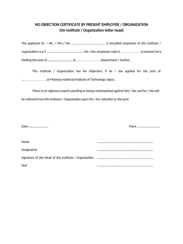 No Objection Certificate Template | PDF