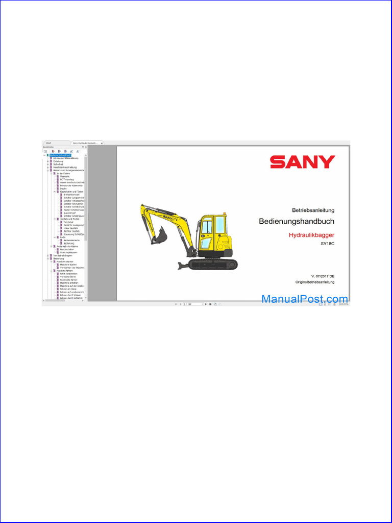 Sany Hydraulic Excavator Sy18 Operation Manual Bedienungshandbuch de ...