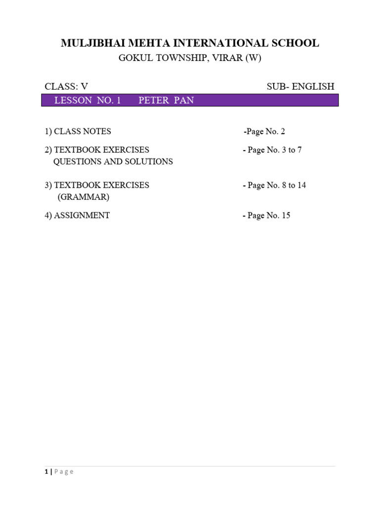Peter Pan Class V English Notes | PDF | Peter Pan | Wendy Darling