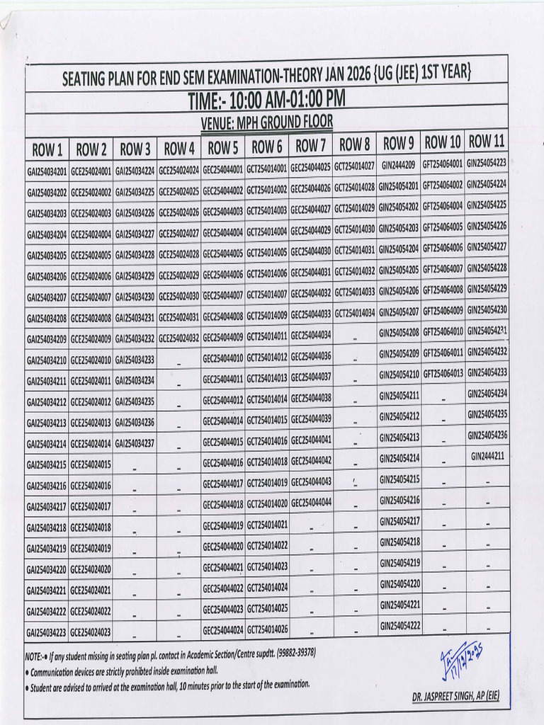 Seating Plan For Ug Jee Ist Year For Jan 2026 | PDF
