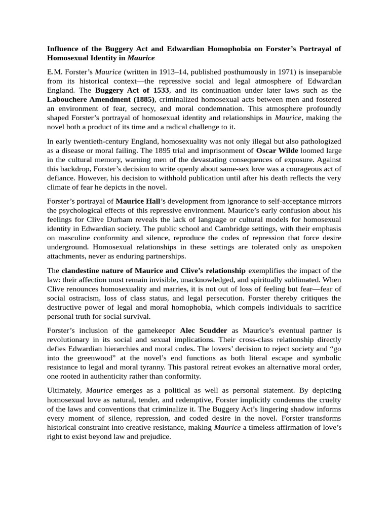 Influence of The Buggery Act and Edwardian Homophobia On Forster | PDF ...