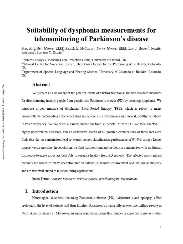 Suitability of Dysphonia Measurements For Telemonitoring of Parkinsons ...