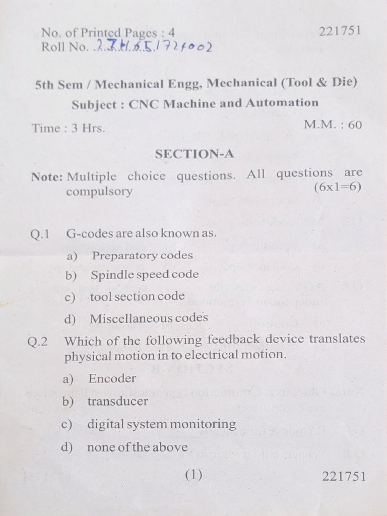 CNC Question Paper Mechanical 5th Sem | PDF