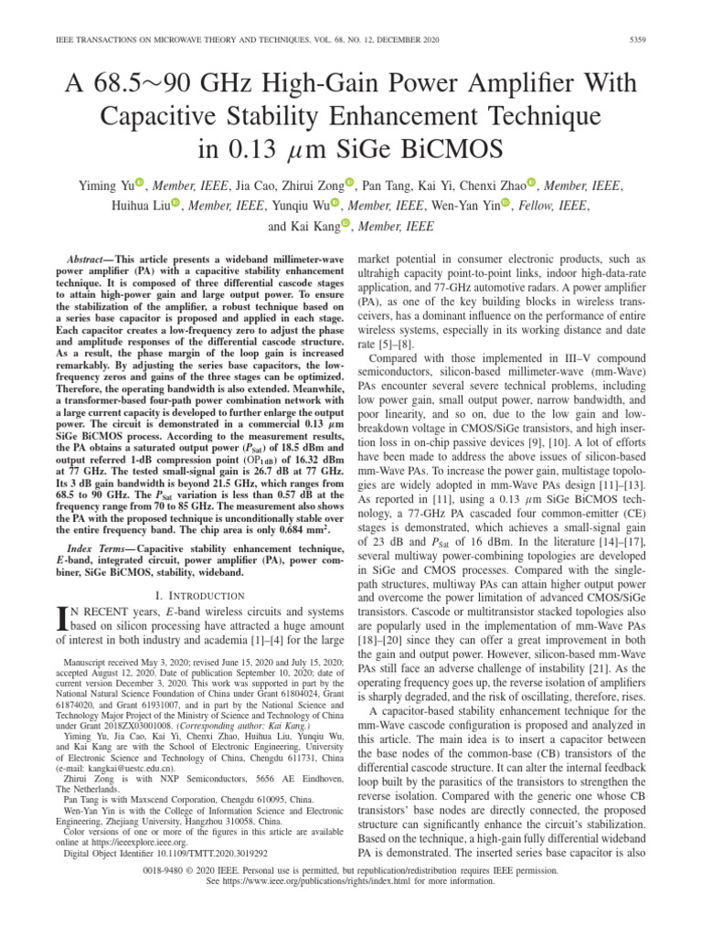 A 68.590 GHz High-Gain Power Amplifier With Capacitive Stability ...