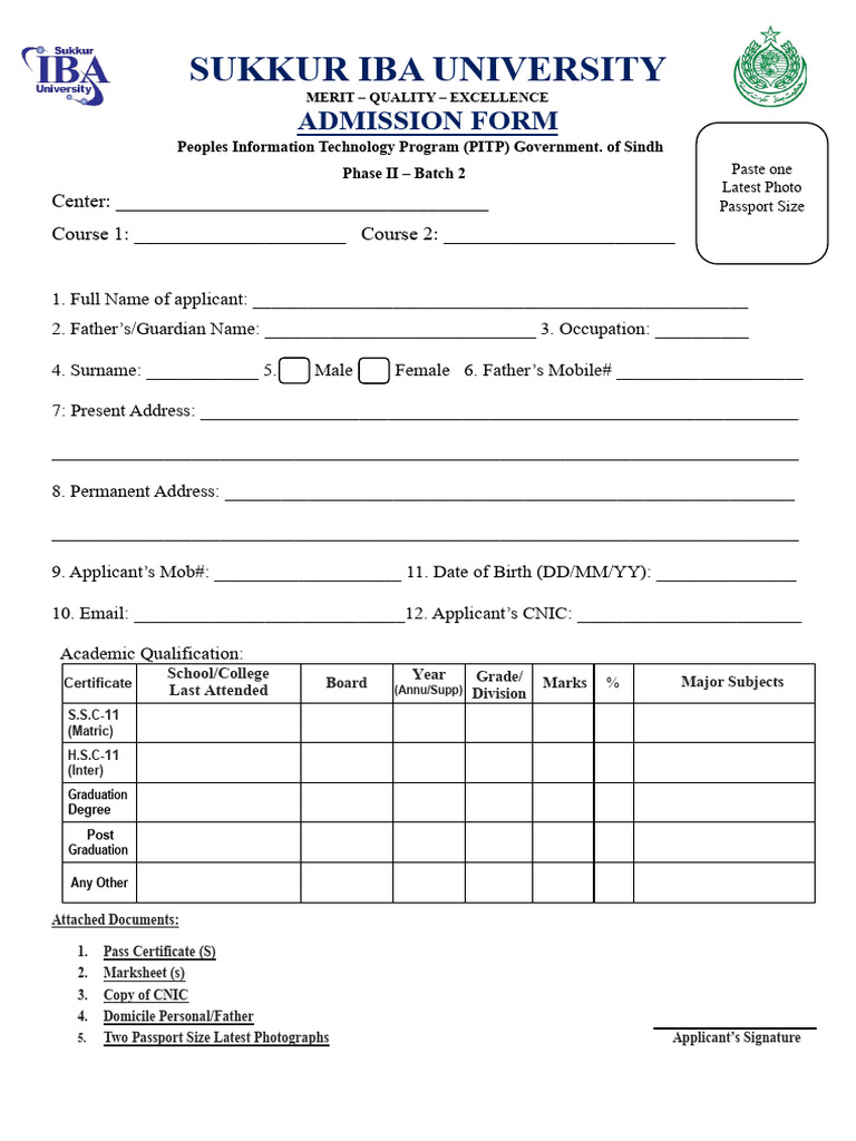 Sukkur IBA University Admission Form | PDF