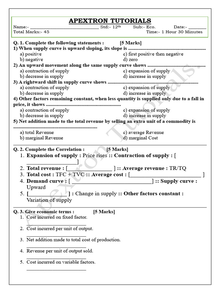 12th Grade Economics Supply Concepts Exam | PDF | Supply (Economics ...